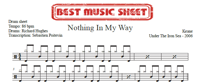 Drum Sheet - Keane - Nothing In My Way - Best Music Sheet