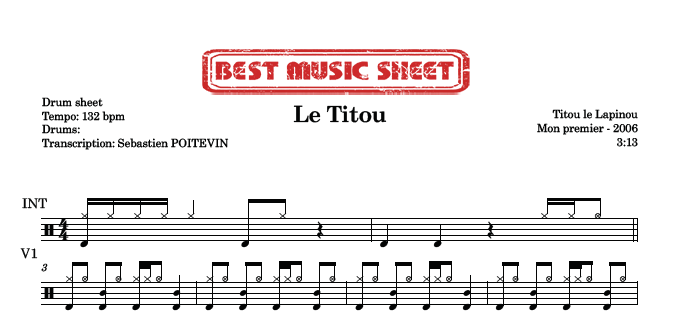 Drum Sheet - Titou le Lapinou - Le Titou - Best Music Sheet